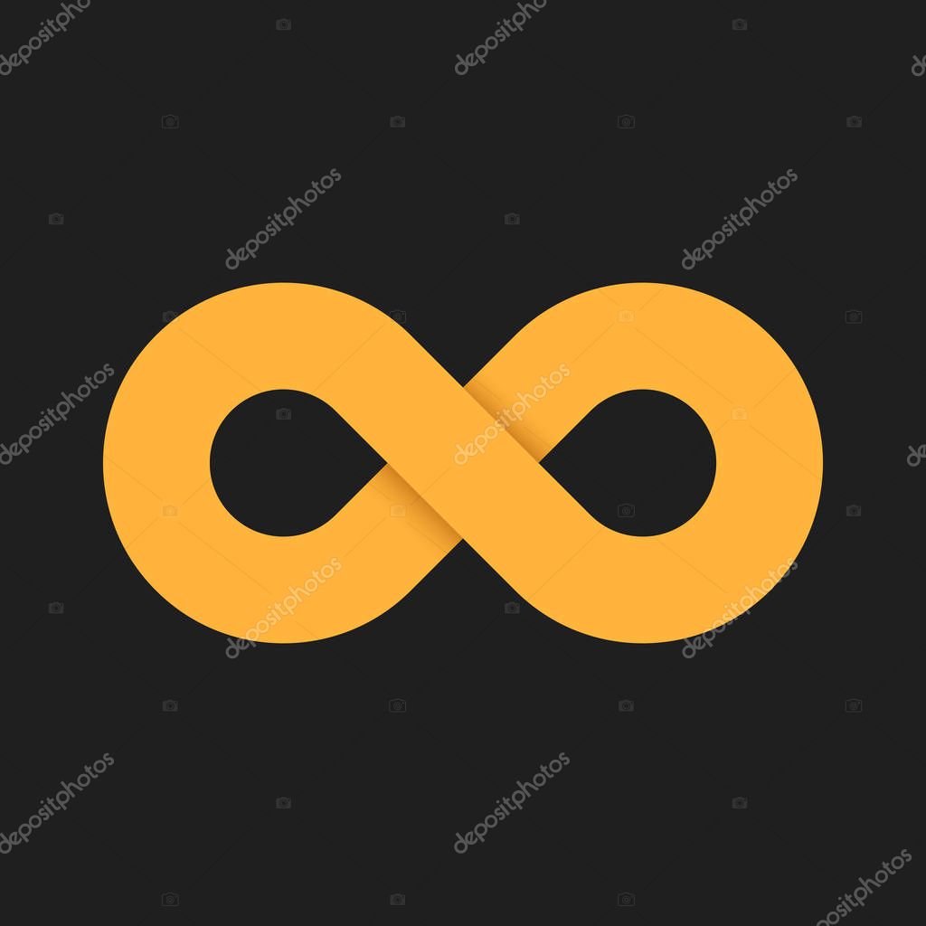 El símbolo de infinito de color amarillo está aislado sobre un fondo ...