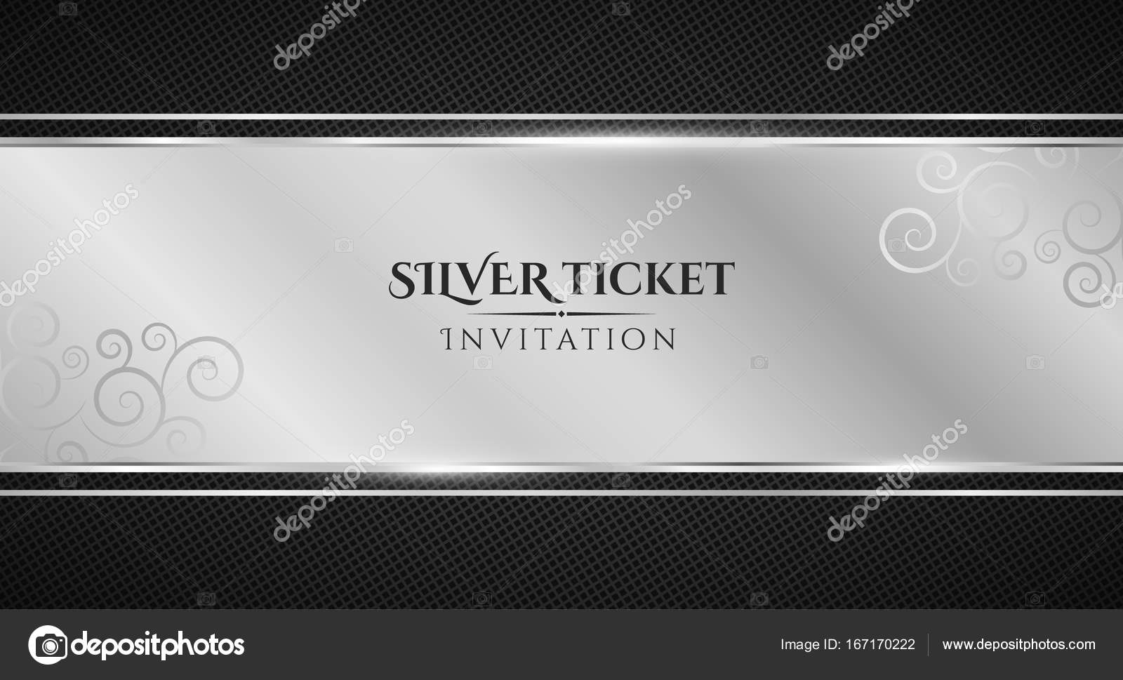 Silver ticket. Luxurious invitation. Silver ribbon banner on a black ...
