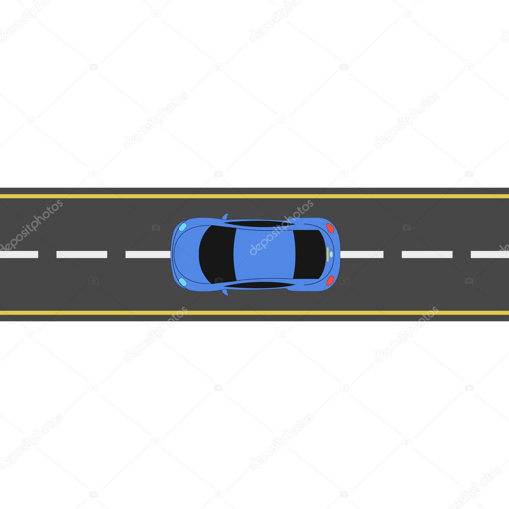 Coche de dibujos animados azul está conduciendo a lo largo de la ...