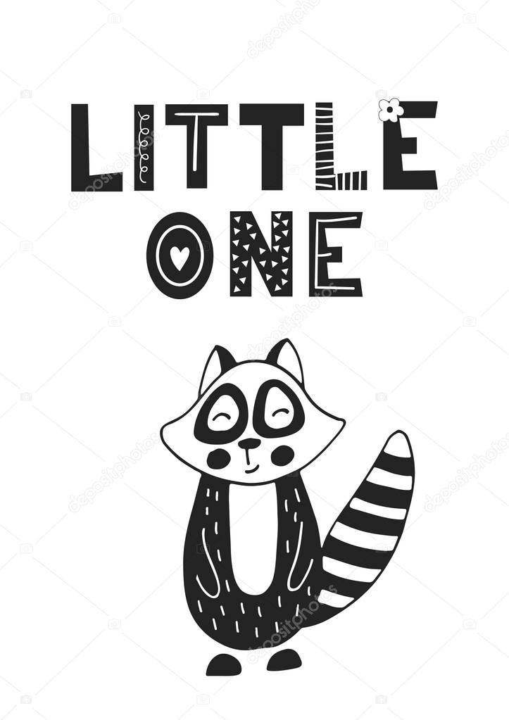 Pequeño - póster único de vivero dibujado a mano con mapache y letras ...