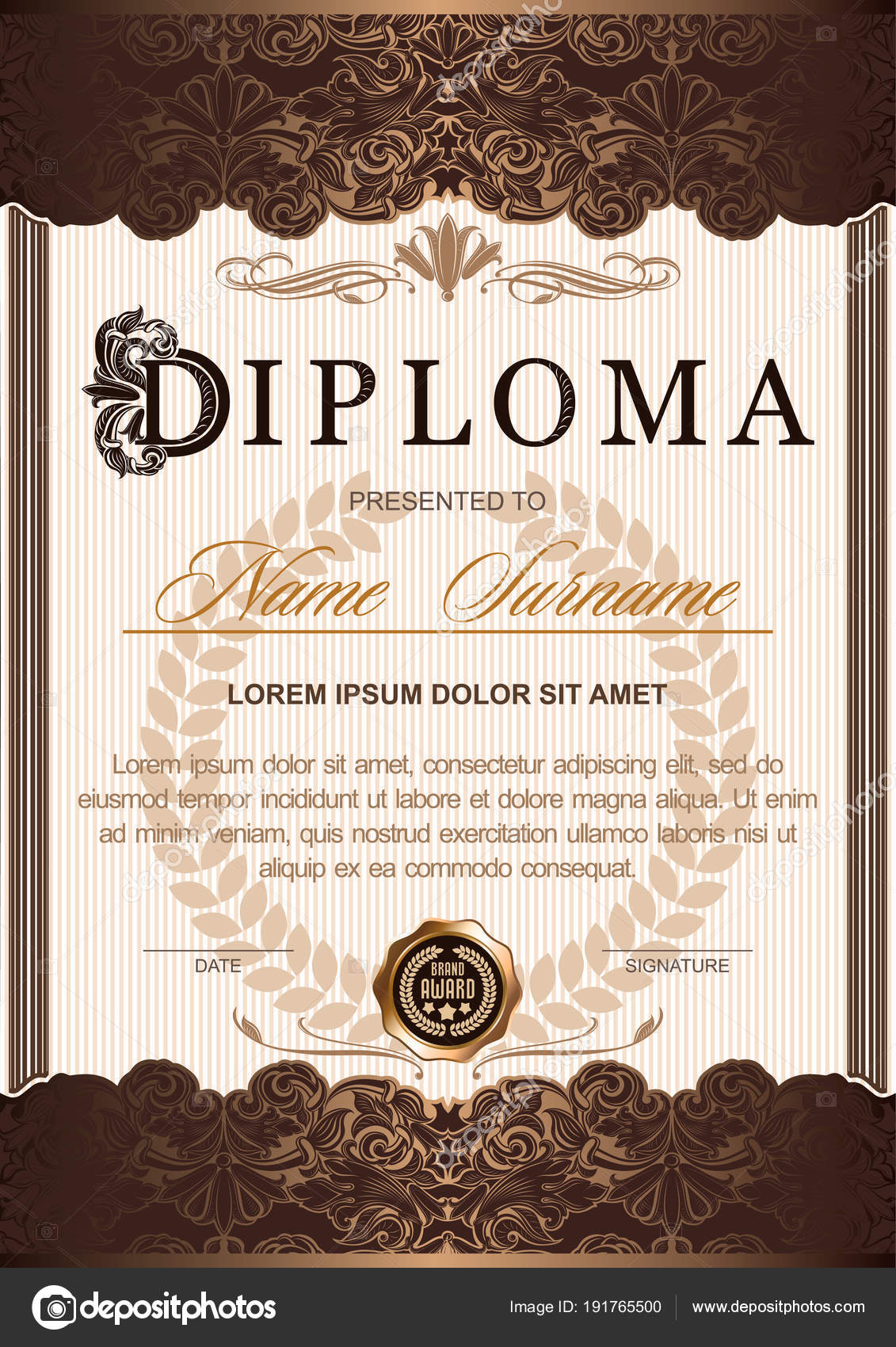 Diploma Vertical Style Vintage Rococo Baroque Decorated Classic Floral ...