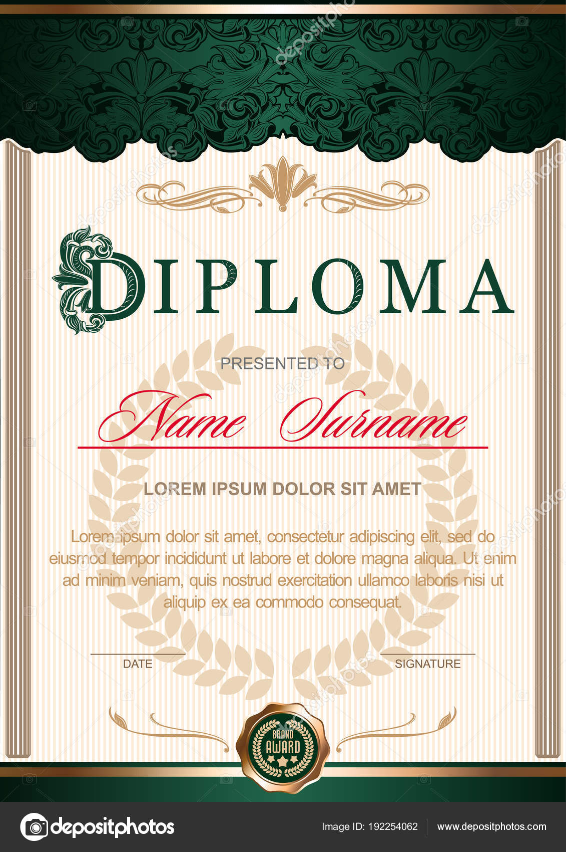 Diploma Vertical Style Vintage Rococo Baroque Decorated Classical ...
