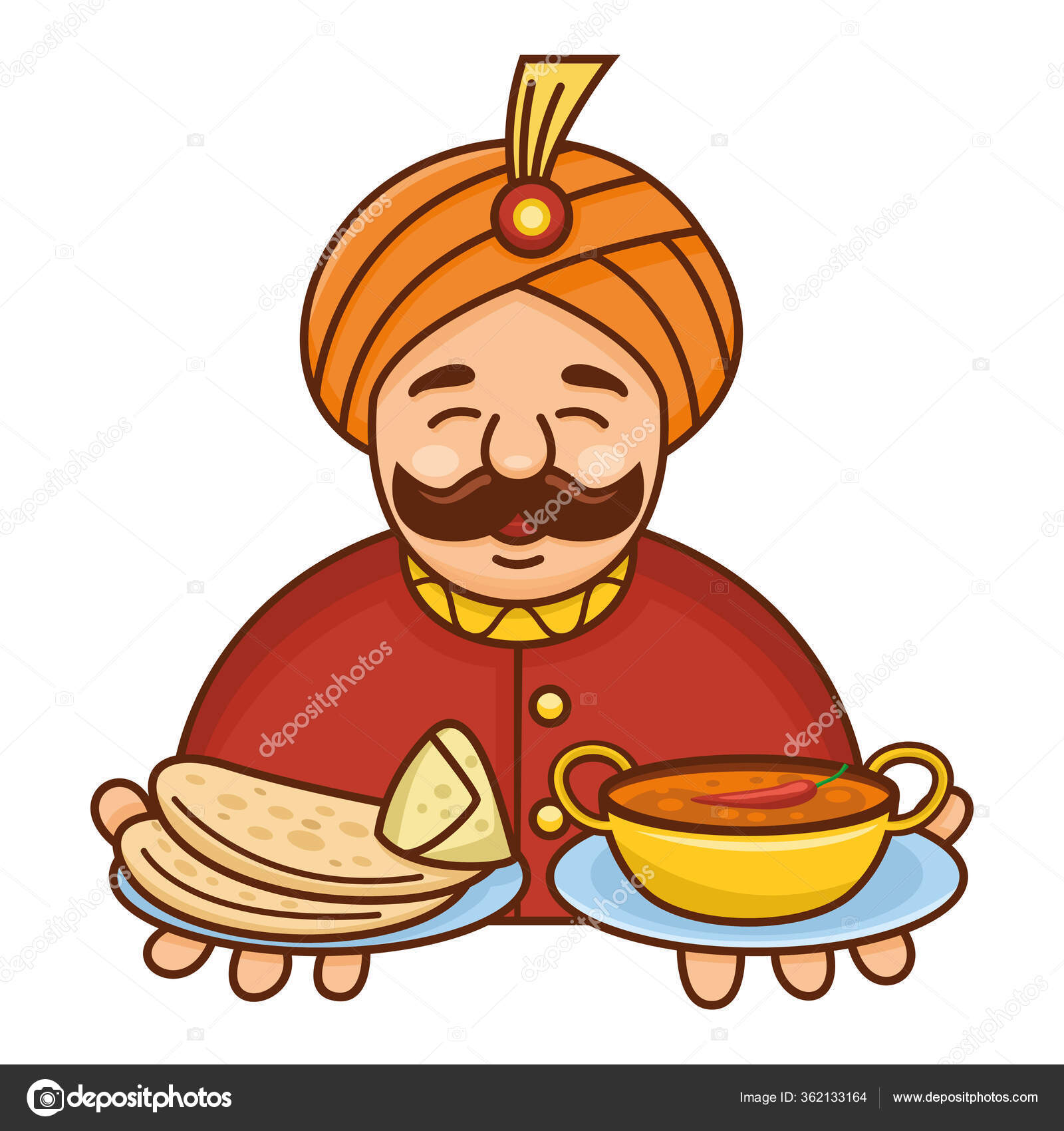 Cute Cartoon Indian Chef Serving Curry Roti Samosa Vector Illustration ...