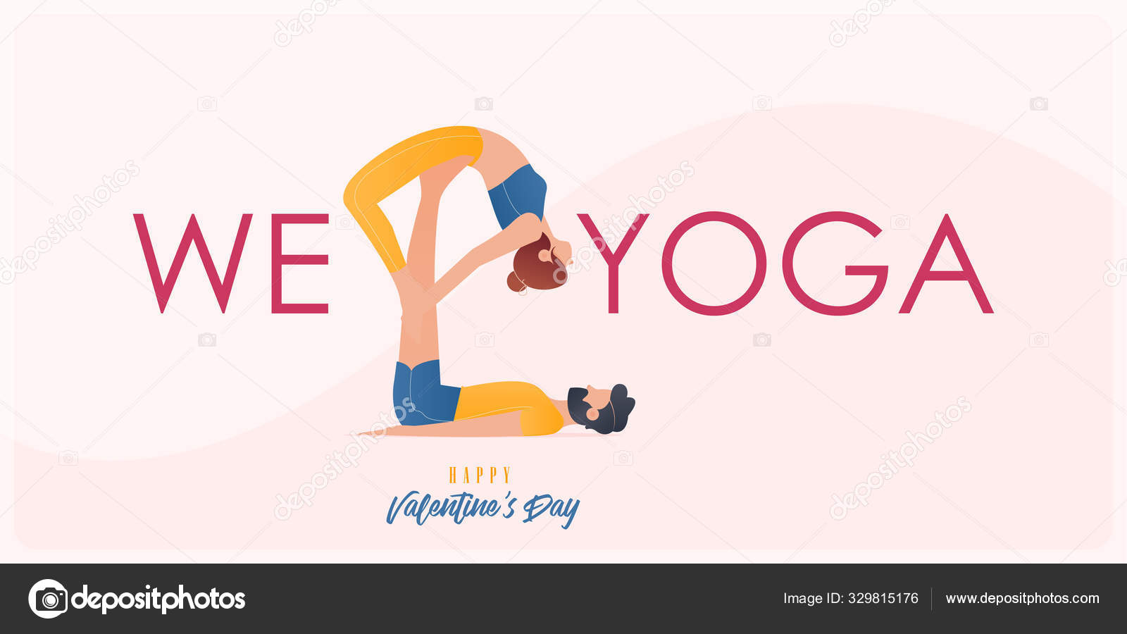 Happy Valentines day banner with couple yoga poses. Year of good health ...