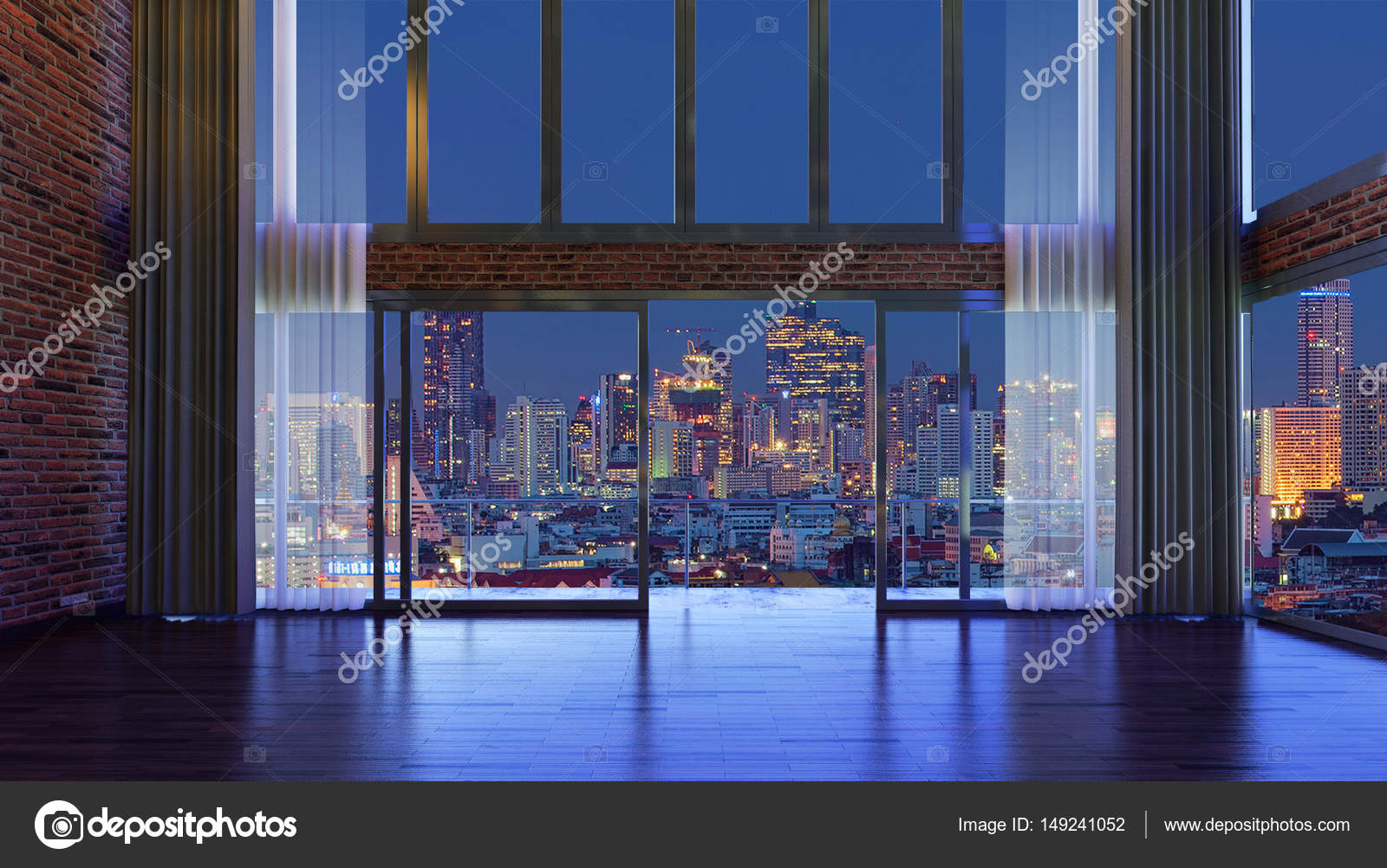 Loft style interior design windows in a hotel at night with cur Stock ...