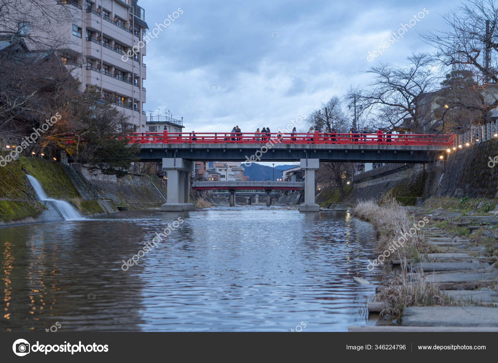 Red Bridge Nakabashi Bridge River Takayama Urban City Gifu Japan ...