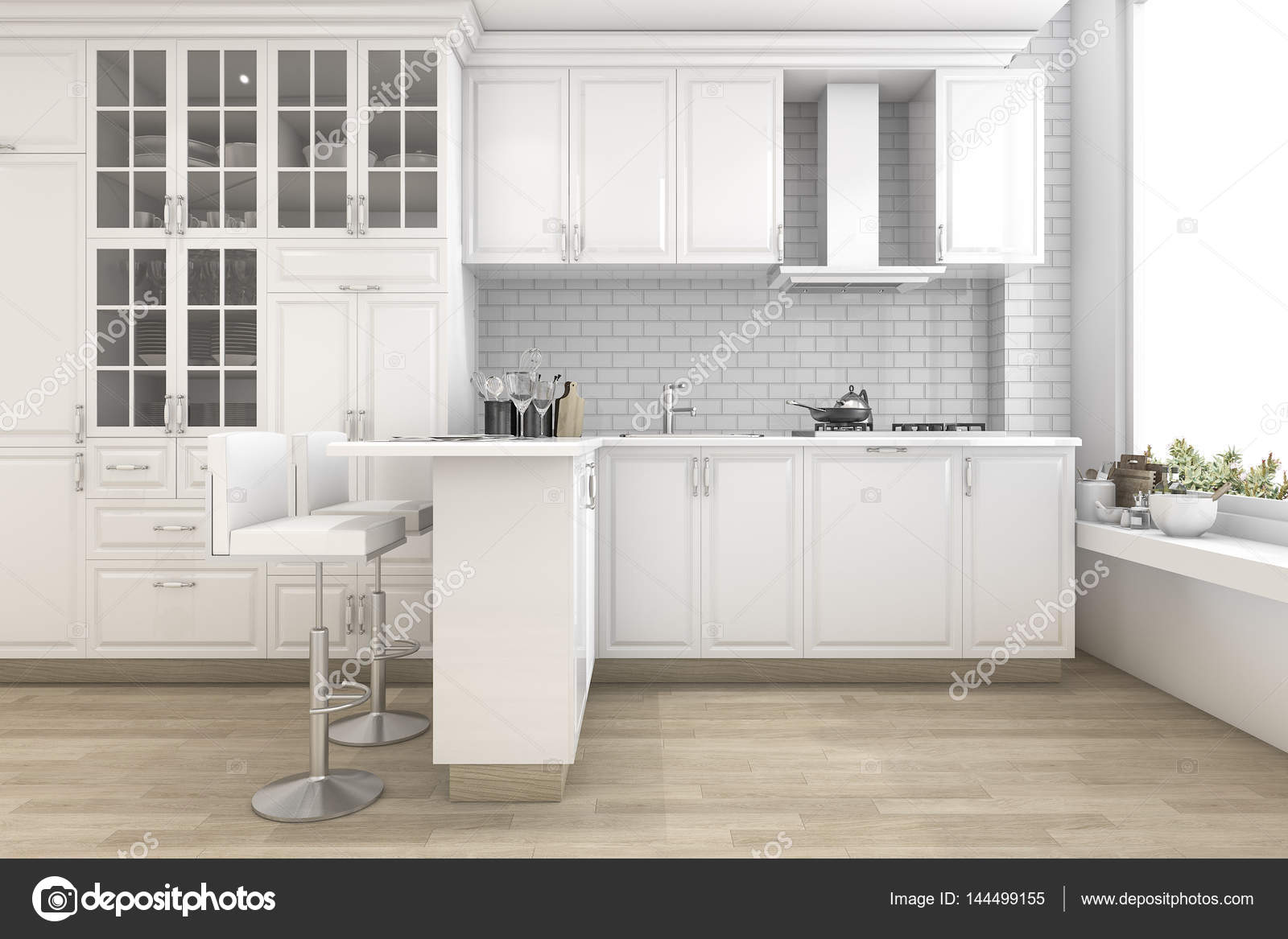 3d rendering scandinavian style kitchen with bar — Stock Photo ...
