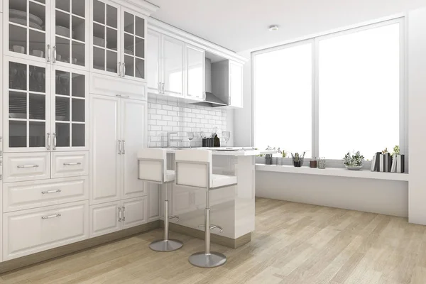 3d rendering scandinavian style kitchen with bar — Stock Photo ...