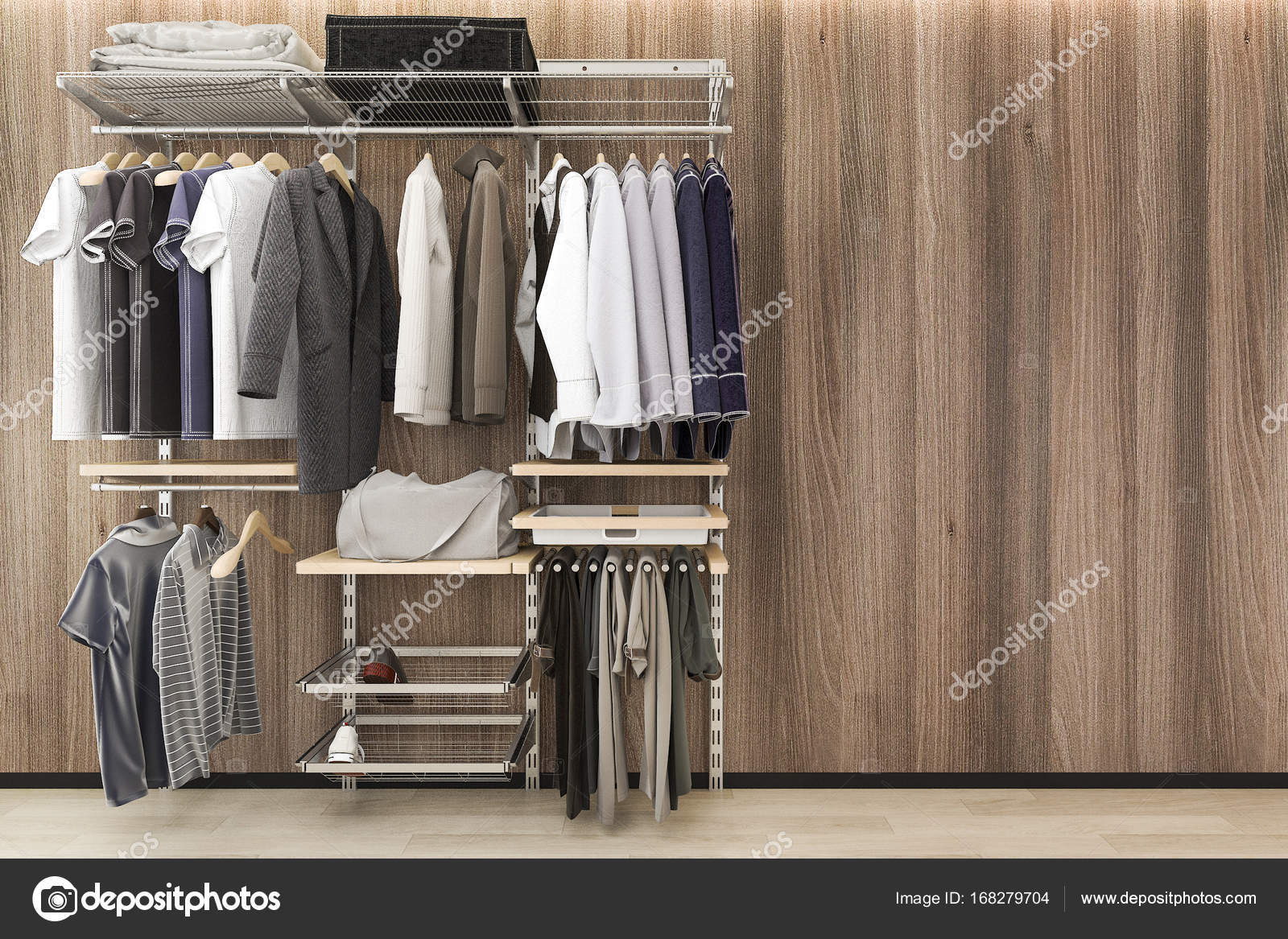 3d rendering minimal scandinavian walk in closet with oak wood wall ...