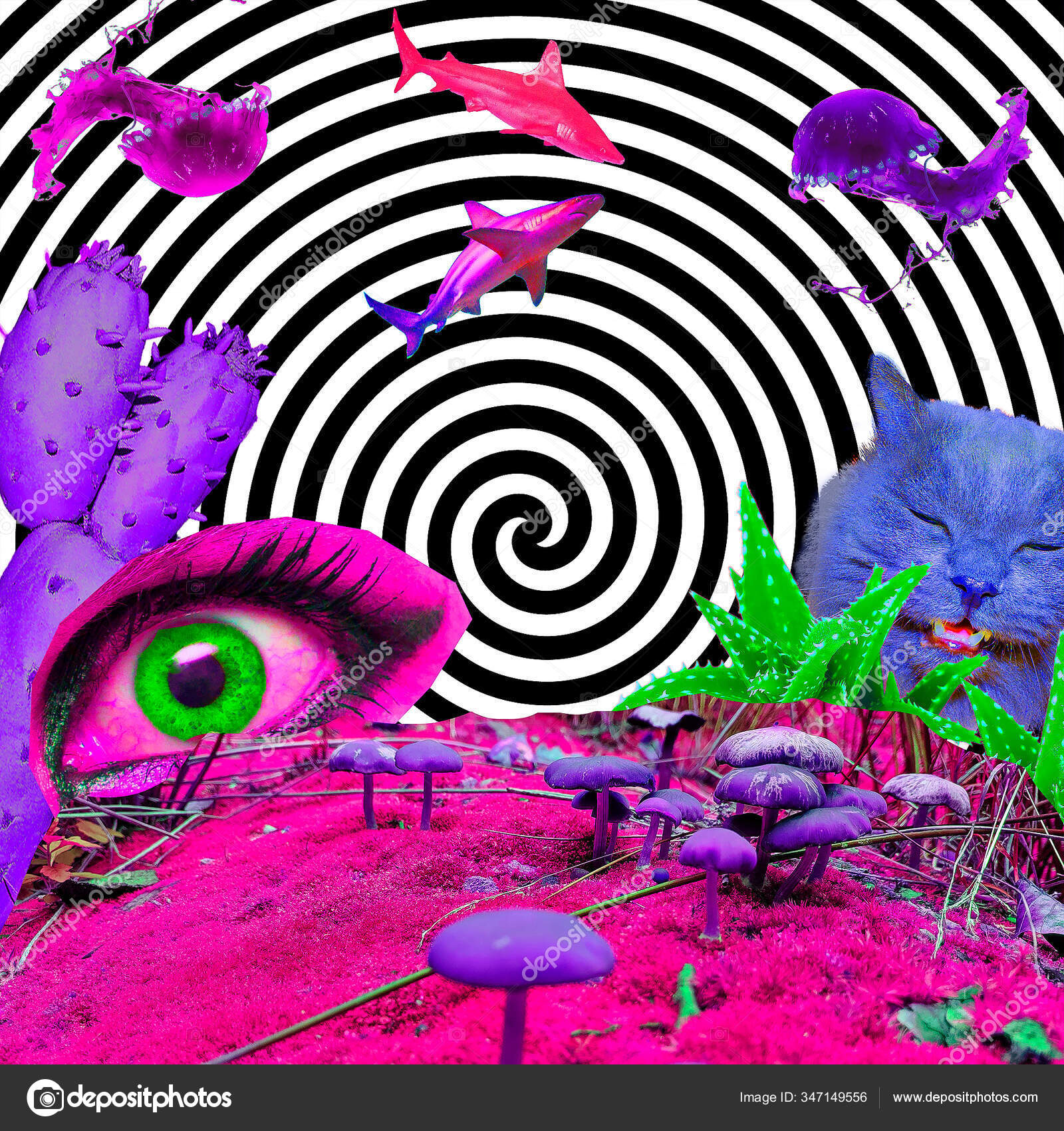 Contemporary Art Collage Psychedelic Hallucination Mushrooms Mood Stock ...