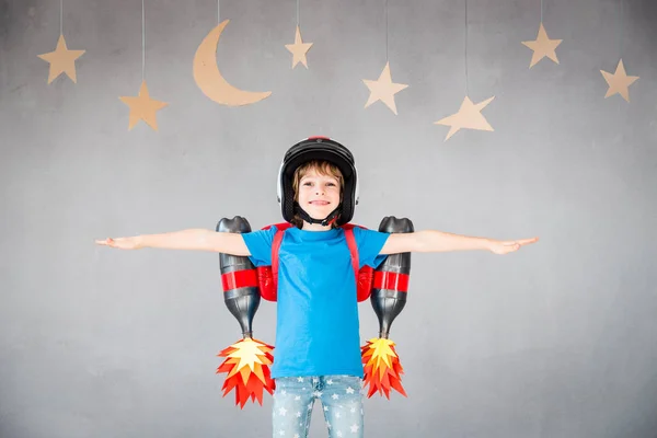 Happy Child Playing Toy Jet Pack Kid Pilot Ready Fly — Stock Photo ...