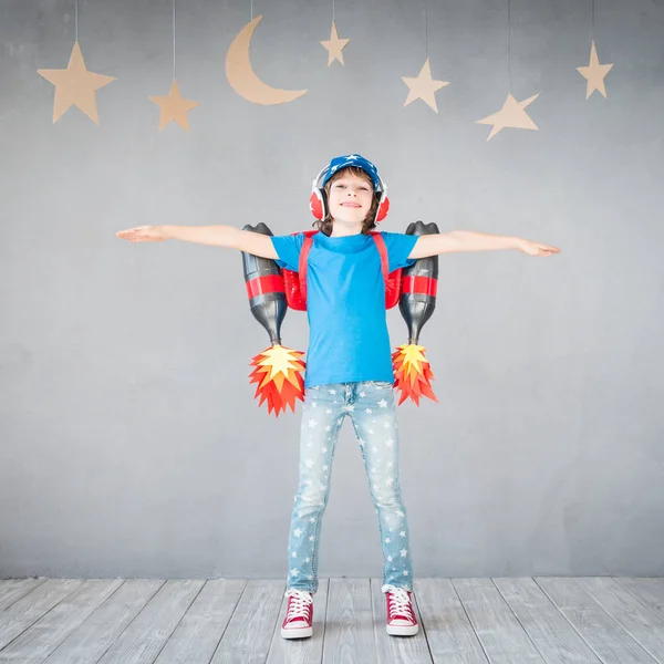 Happy Child Playing Toy Jet Pack Kid Pilot Ready Fly — Stock Photo ...