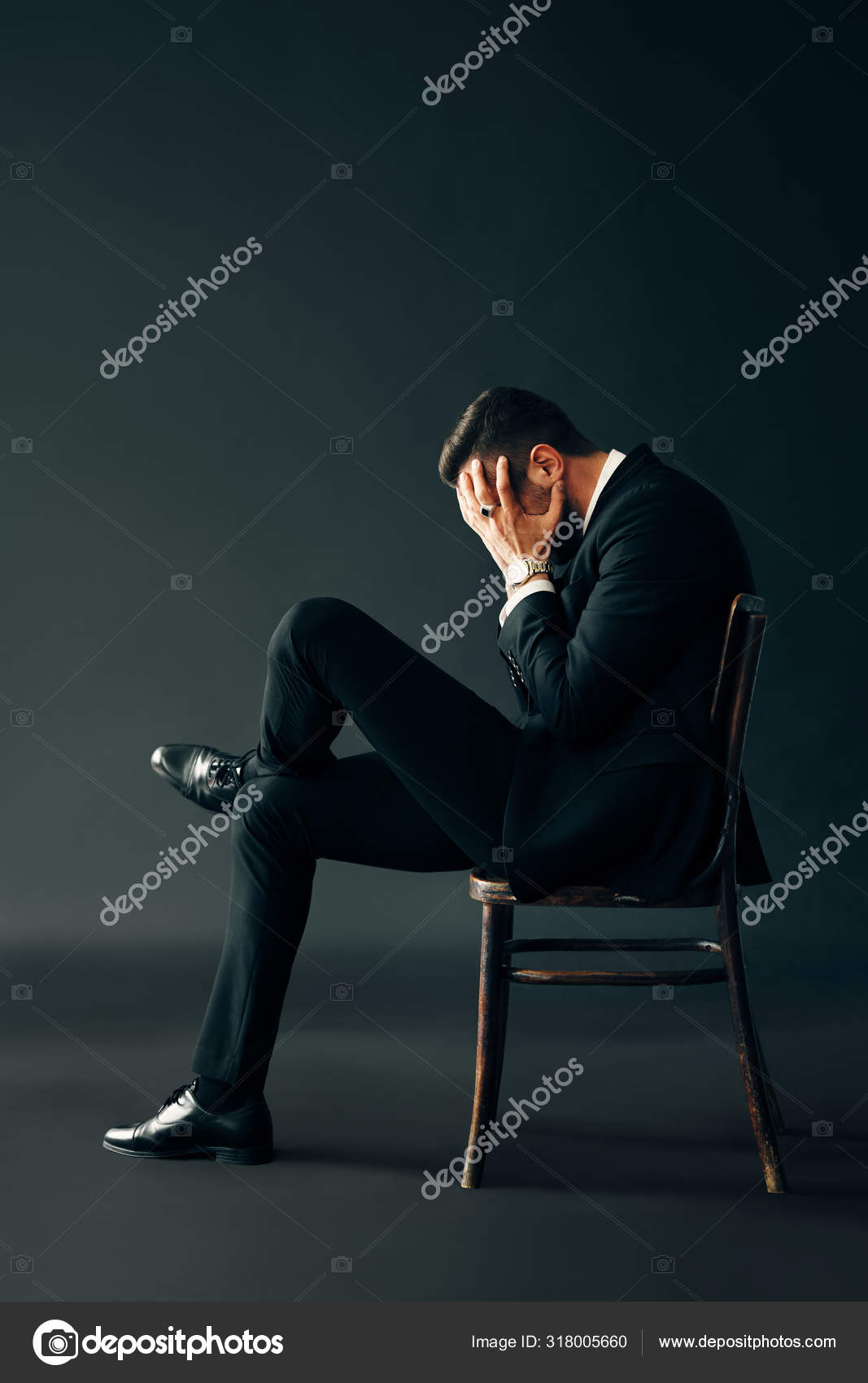 Sad Unhappy Man Black Suit Sitting Chair Closed Face Two Stock Photo by ...