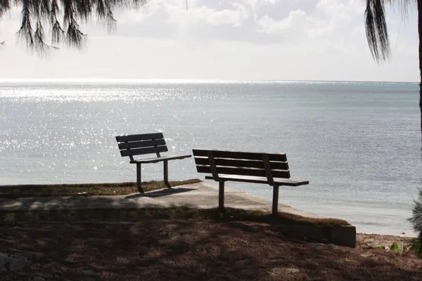 Two wooden benches facing the ocean - Stock Image - Everypixel