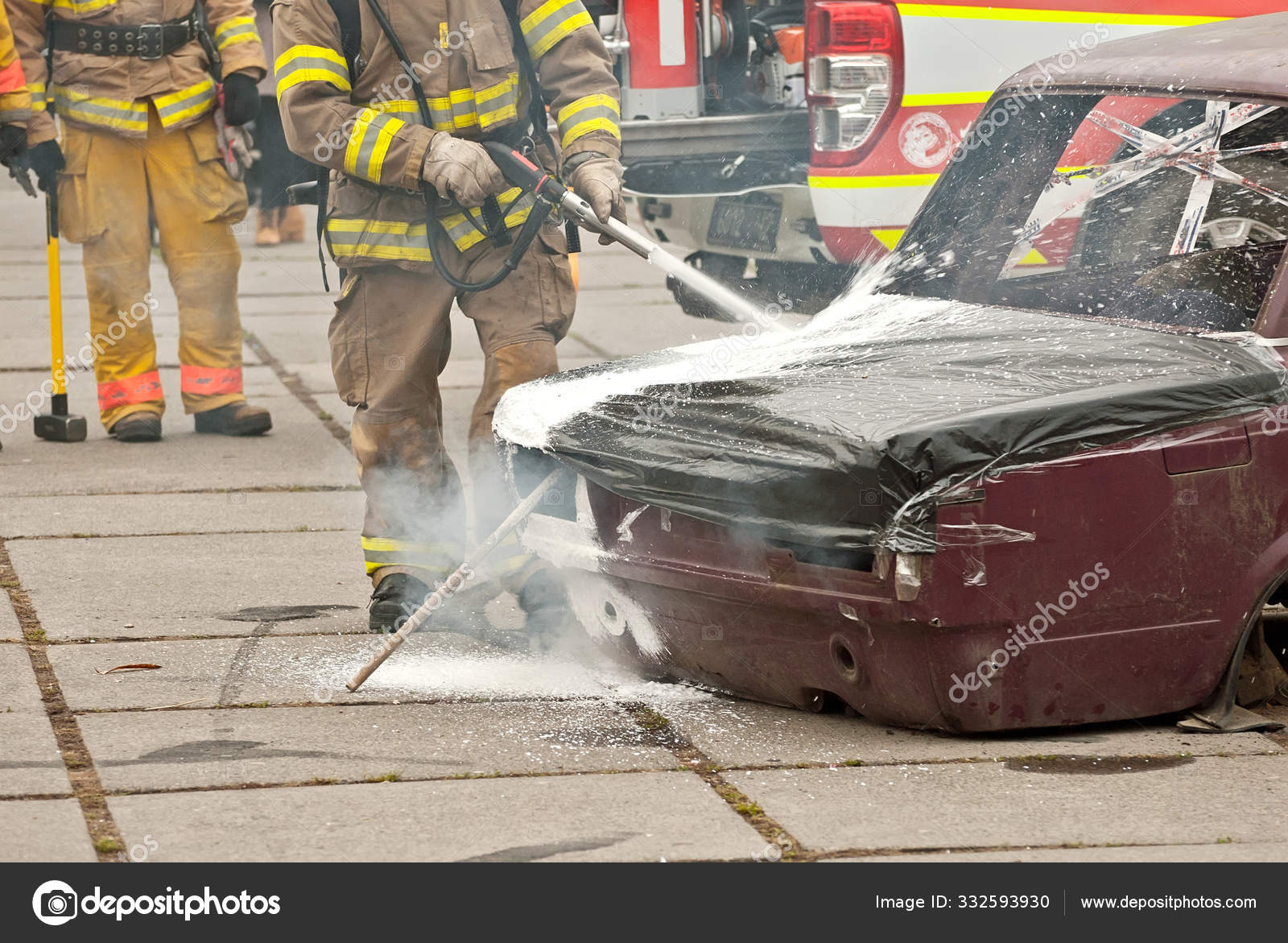 Fireman Extinguishes Burned Car Training Firefighters Demonstration ...
