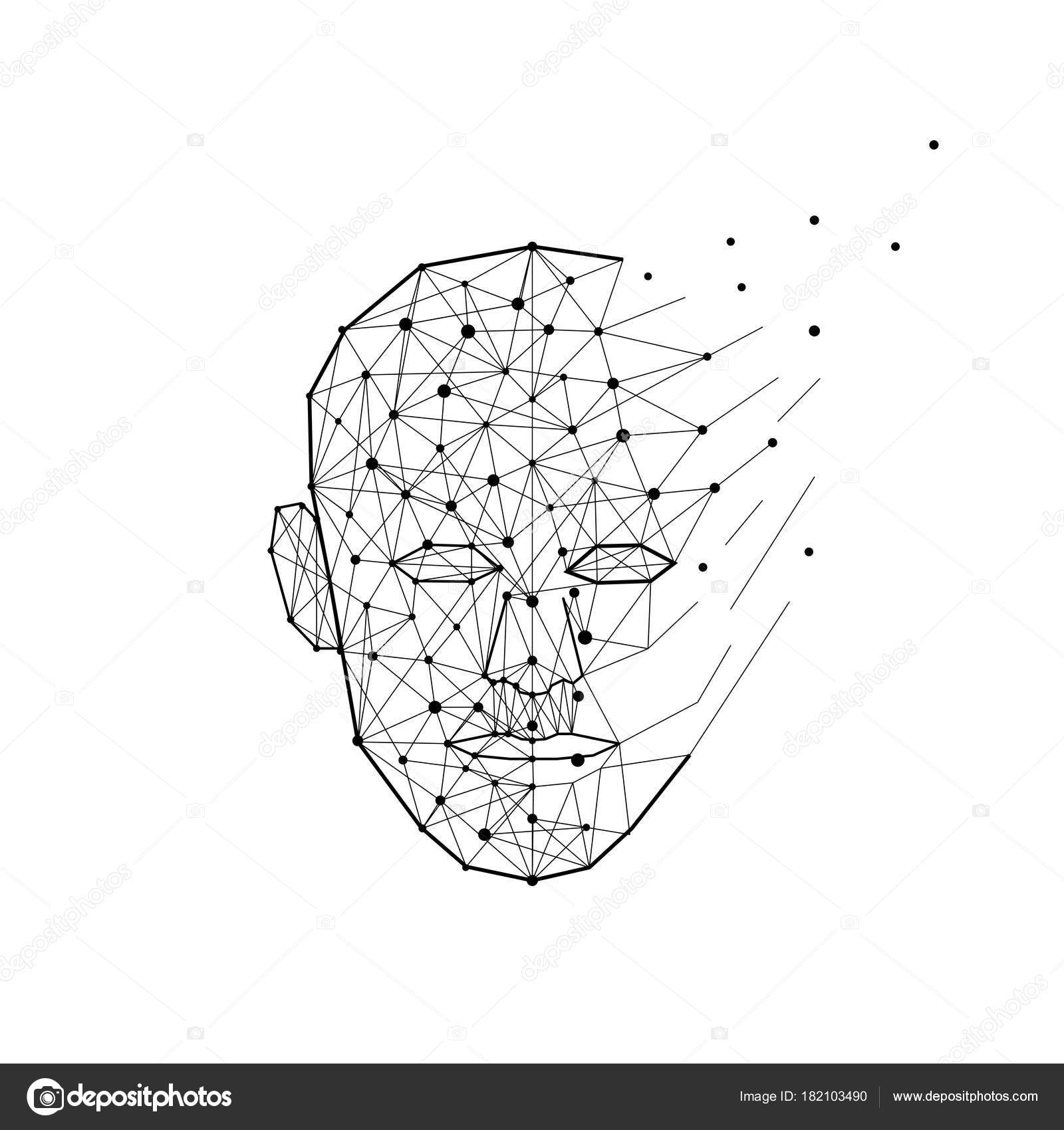 Polygon human head exploding and breaks into lines and dots. Smart person and mind concept ...
