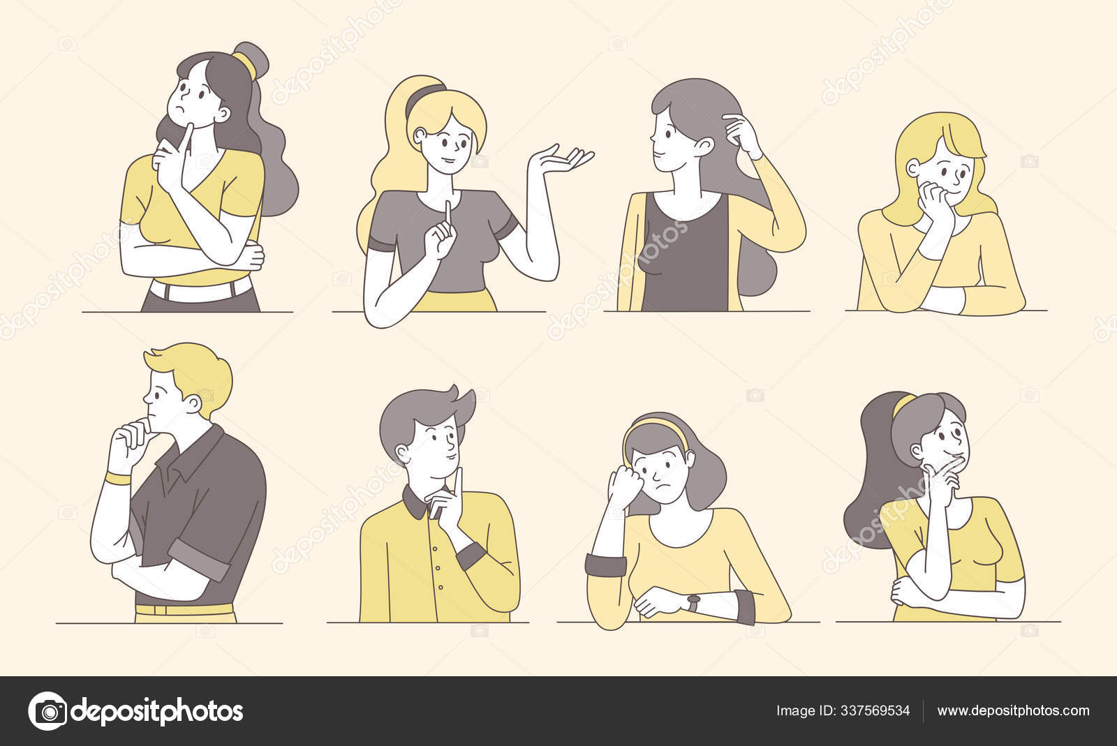 Pensive, thoughtful people cartoon vector illustrations. Young guys and ...