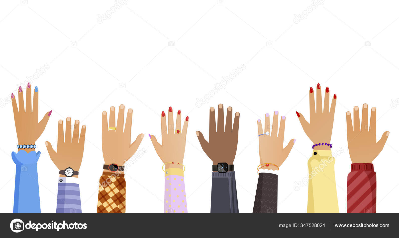 Different people hands rising up vector illustration. Teamwork ...