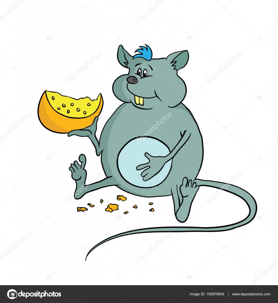 Happy fat mouse holding a piece of cheese, vector illustration. Stock ...