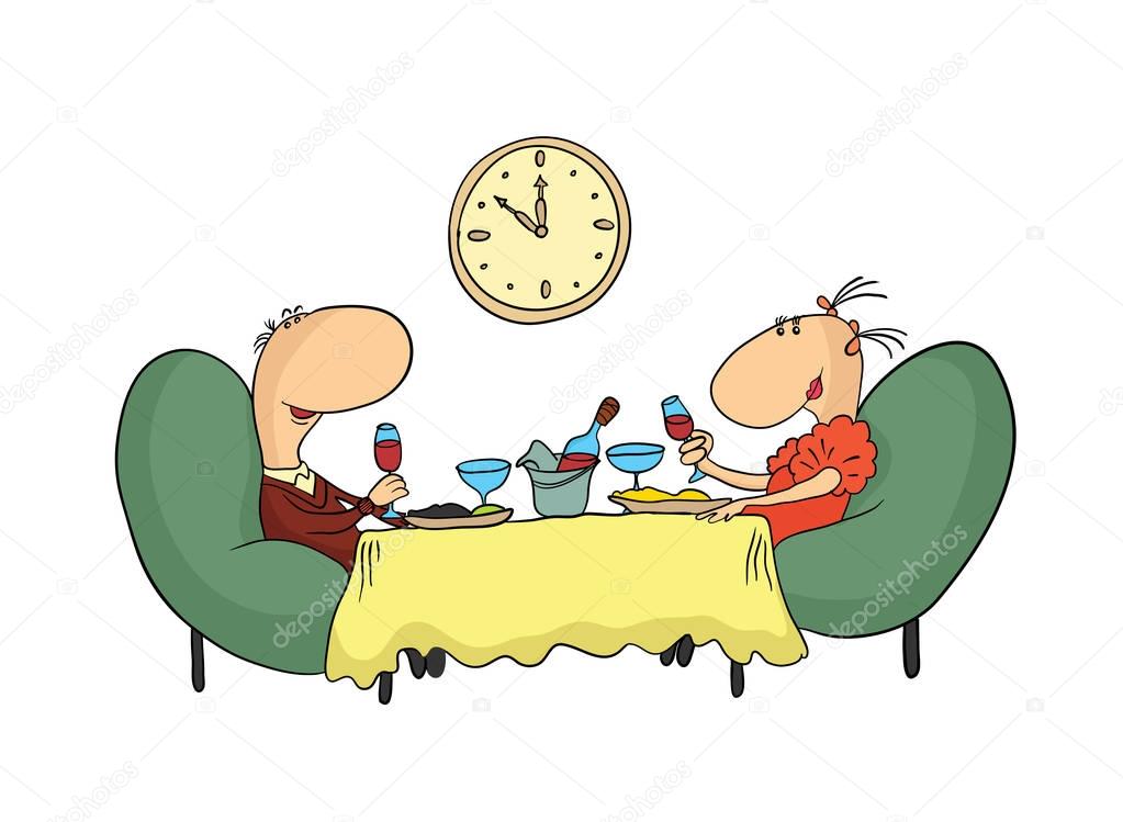 En romantisk dag i en restaurang. Tecknad par, man och kvinna som äter ...