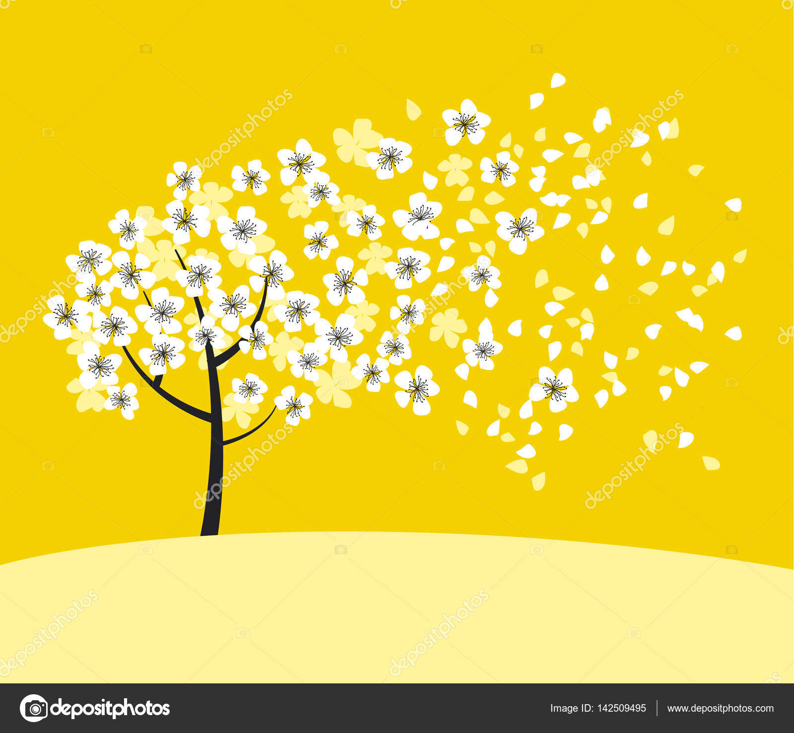 White sakura tree blossom on sunny yellow background. — Stock Vector ...