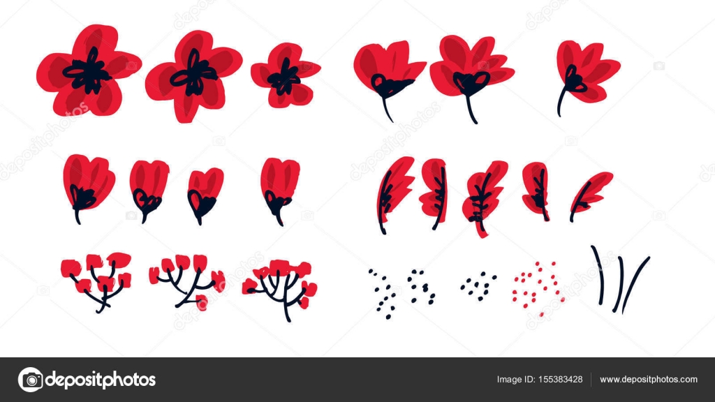 Red floral drawing in freehand style. Abstract hand drawn red flower ...