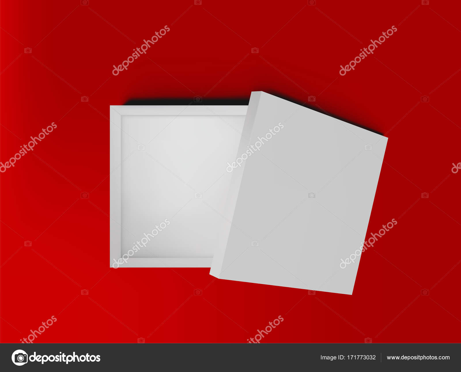 White open empty squares cardboard box on red background top view ...