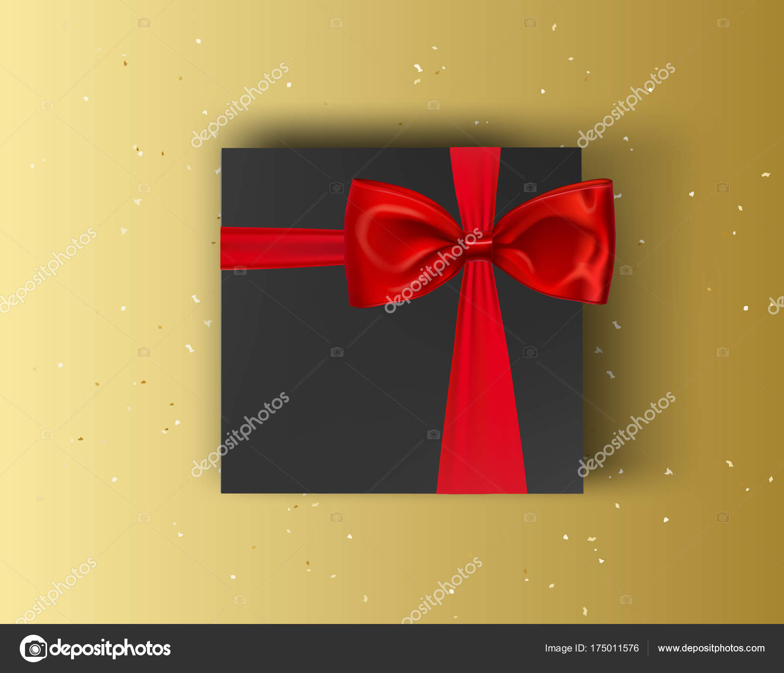 Kotak hadiah hitam kosong dengan pita merah dan busur di latar belakang ...