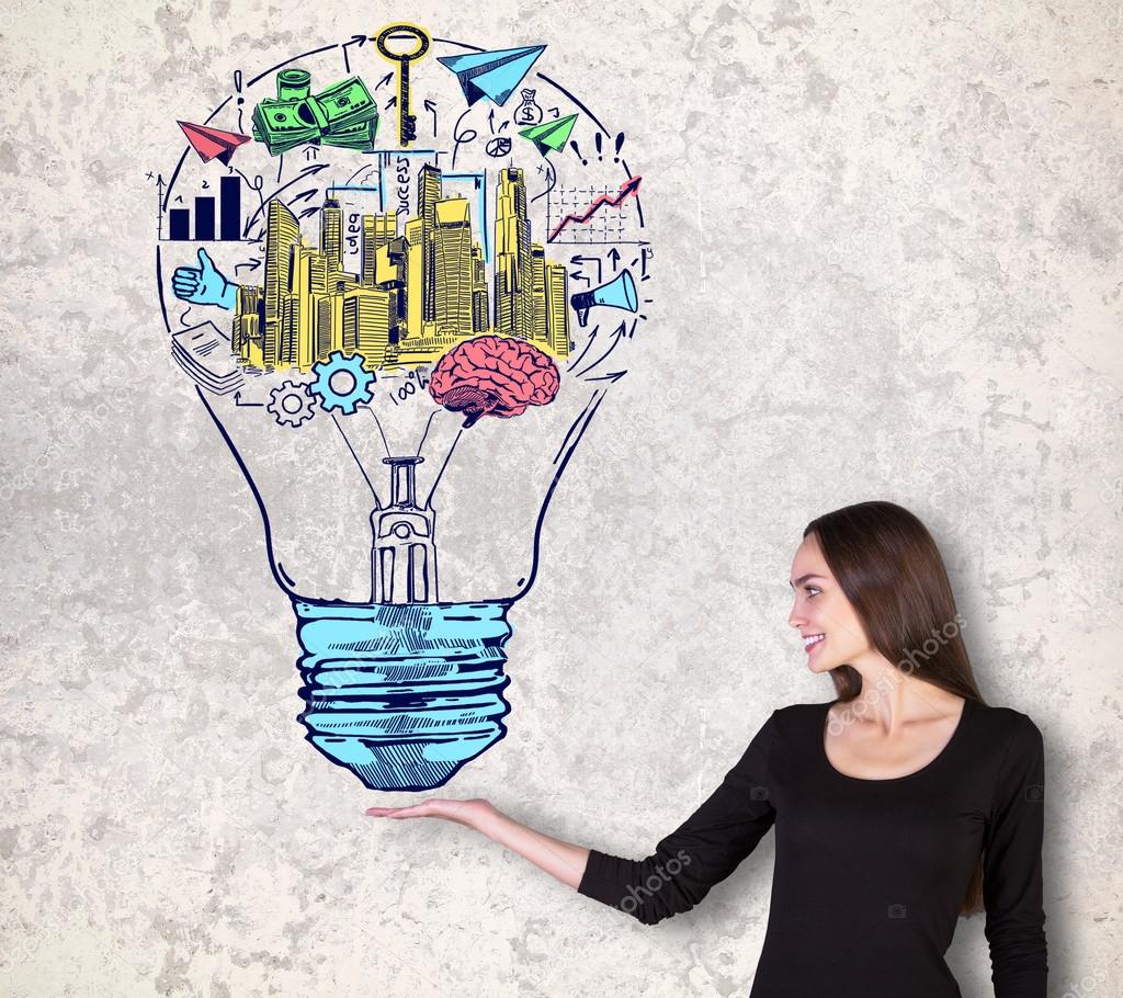Woman with lightbulb sketch — Stock Photo © peshkova #128072822