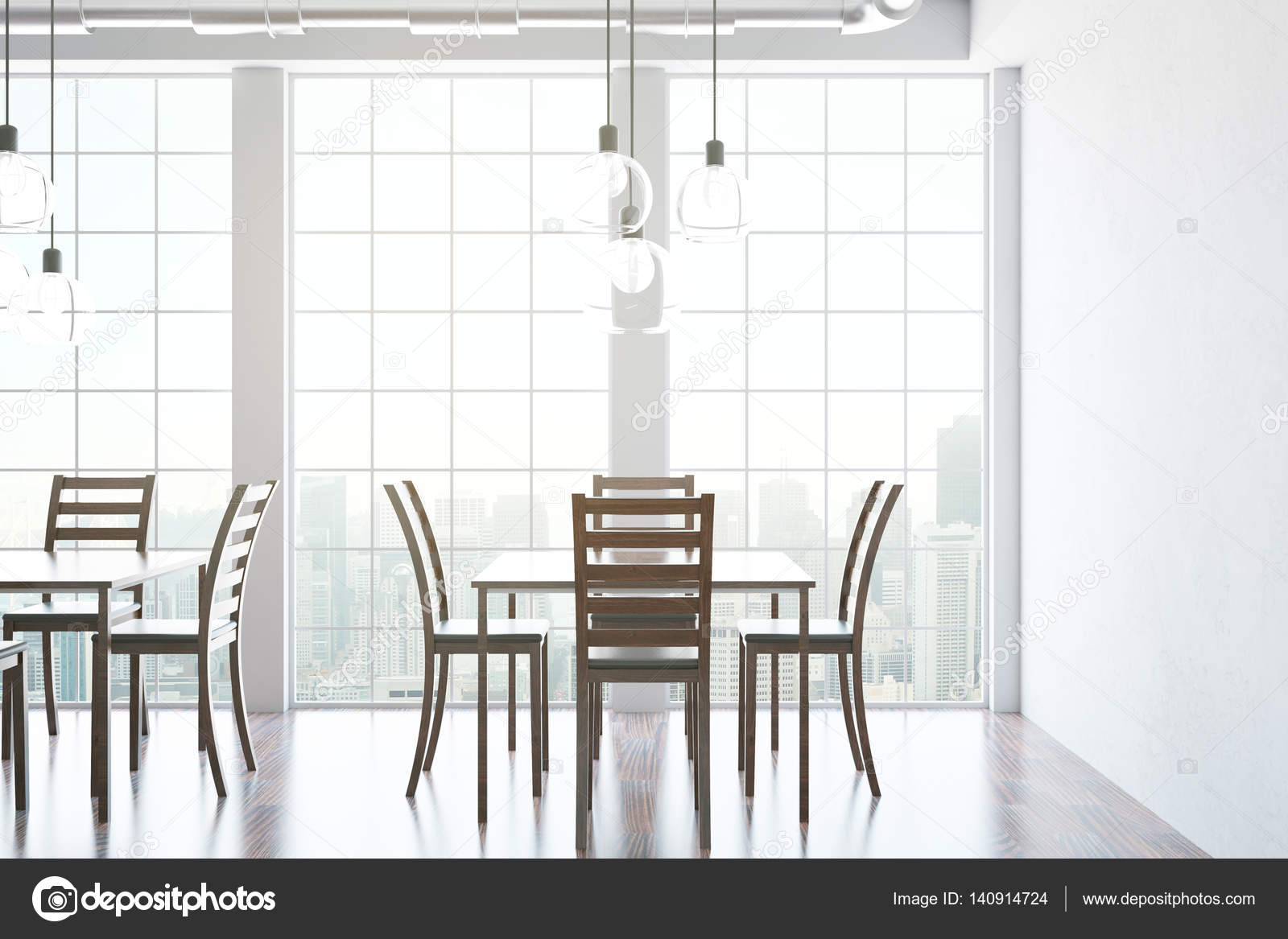 Cafe interior with classic tables, chairs and panoramic window with ...