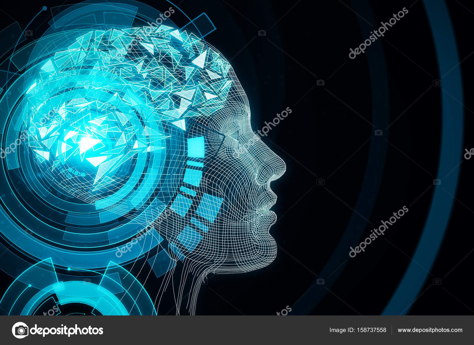 Abstract blue digital human profile on dark background. Robotics ...