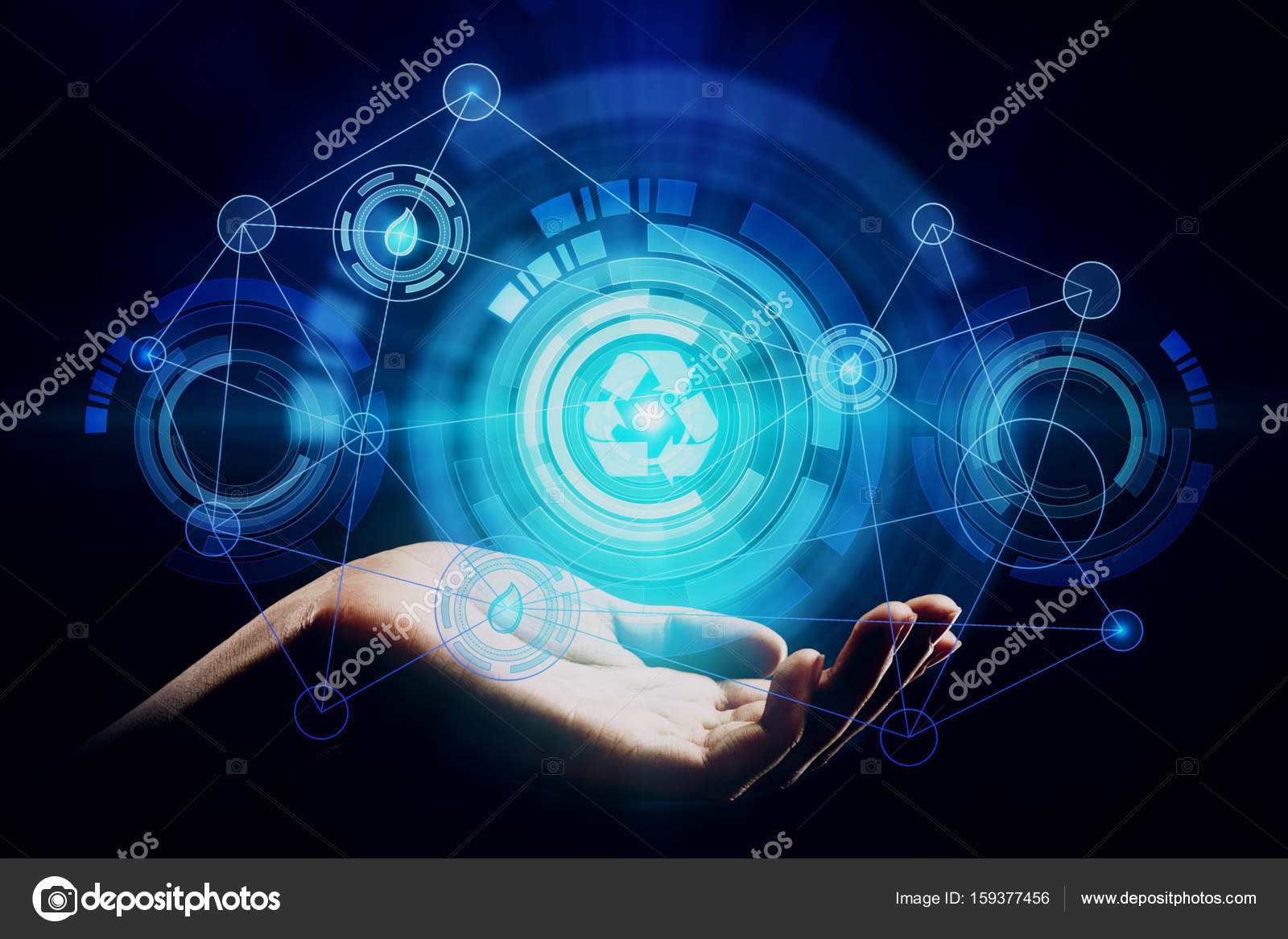 Hand holding abstract digital buttons with water drop and recycle icons ...