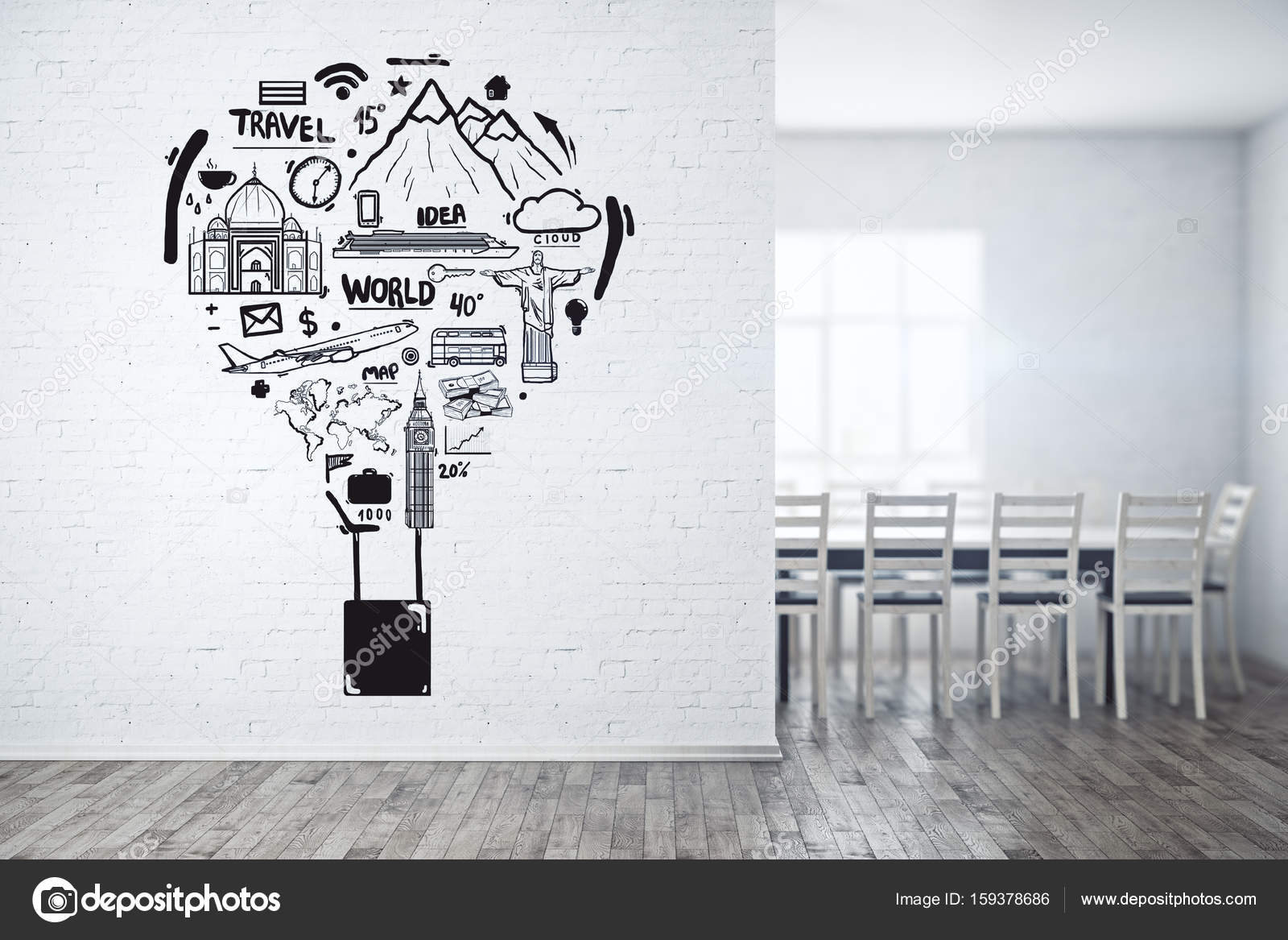 Simple white brick boardroom with creative sketch on wall. Travel ...