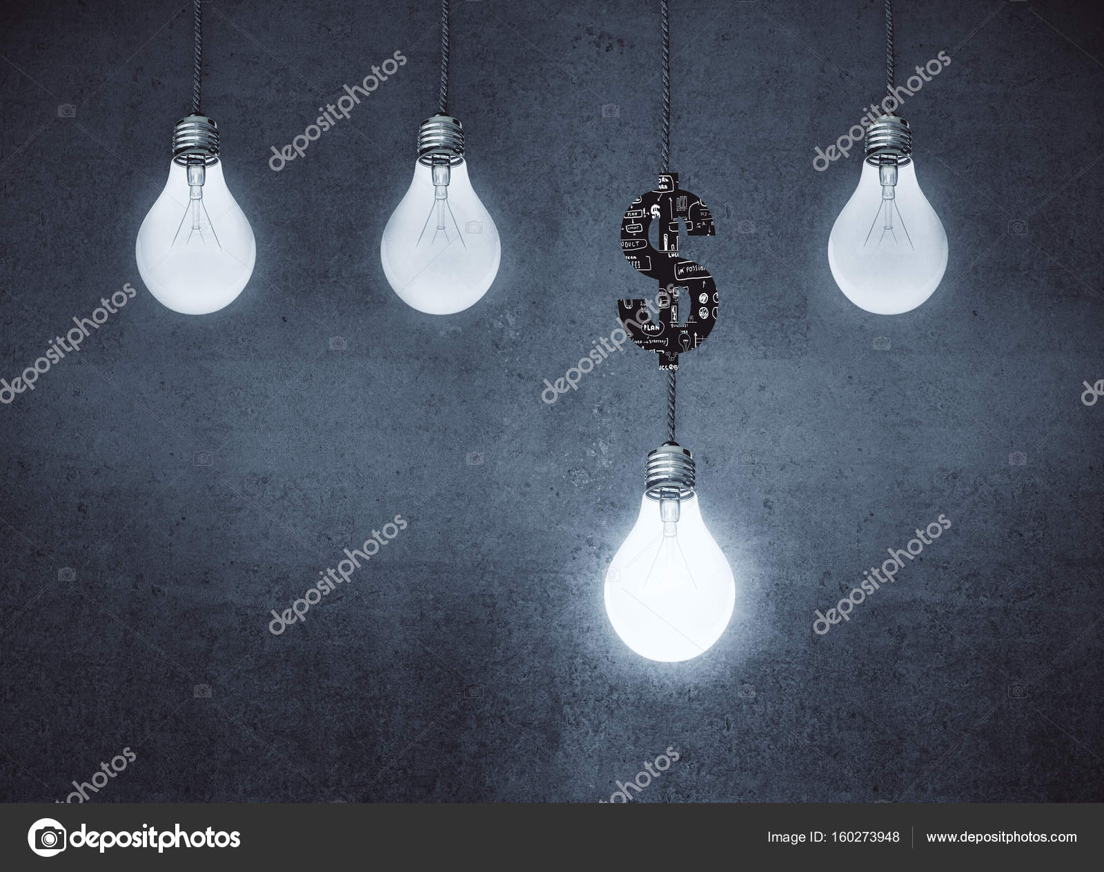 Glowing lamps and dollar sign on concrete wall background. Money ...