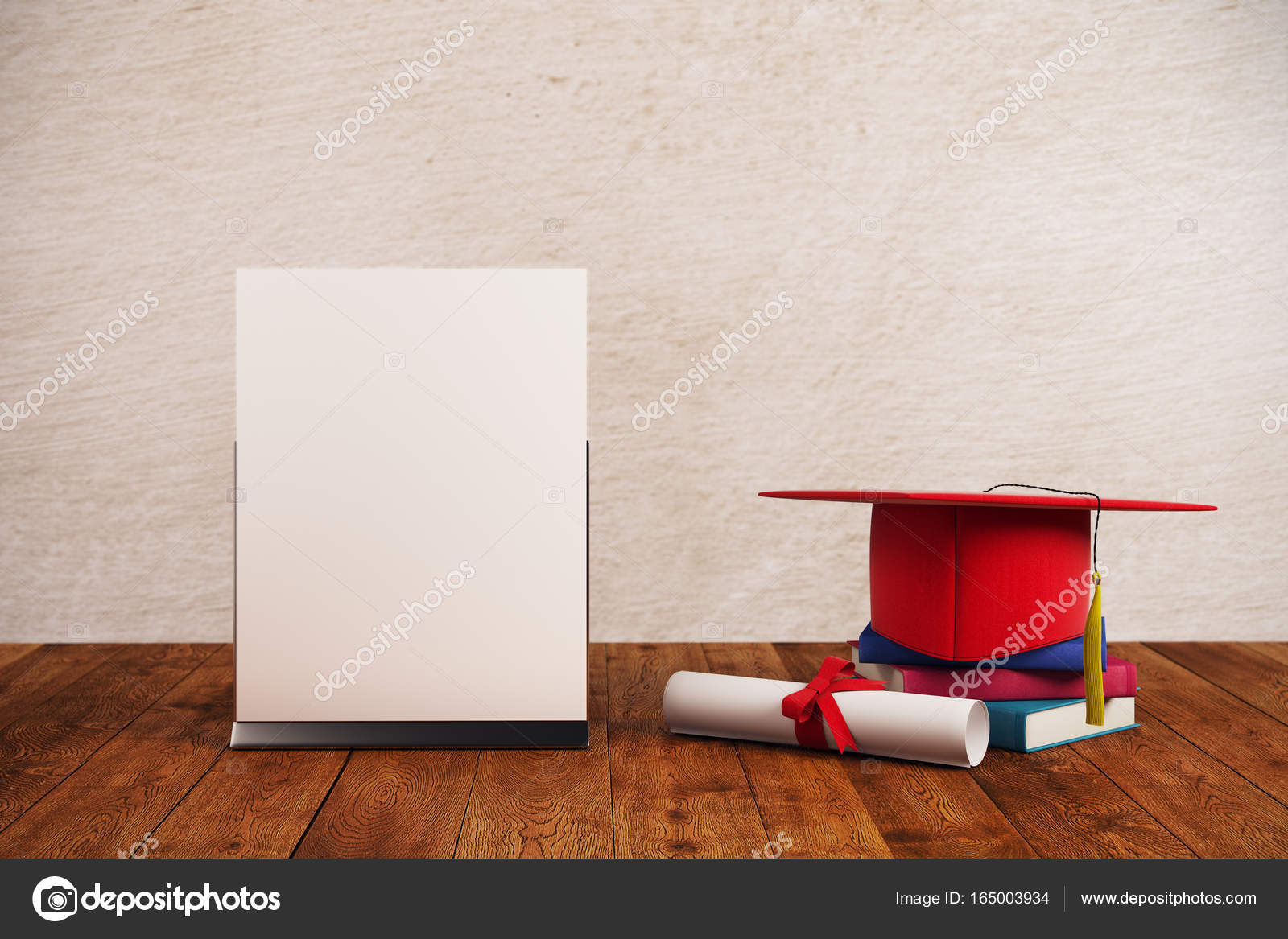 Graduation cap and empty paper sheet placed on wooden surface and ...