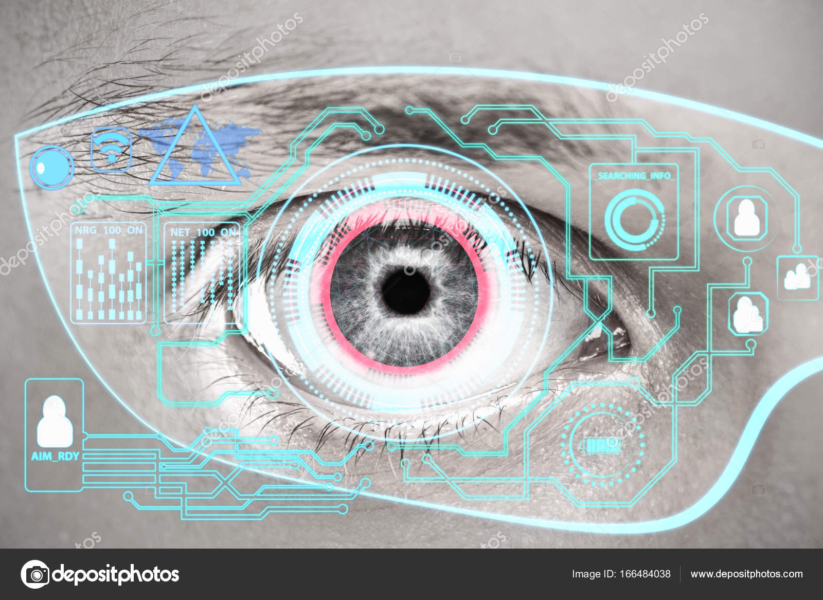 Close up of eye with virtual reality digital glasses. Futuristic ...