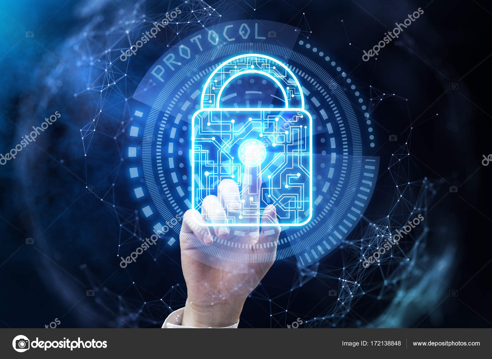 Hand pointing at abstract digital blue padlock background with ...