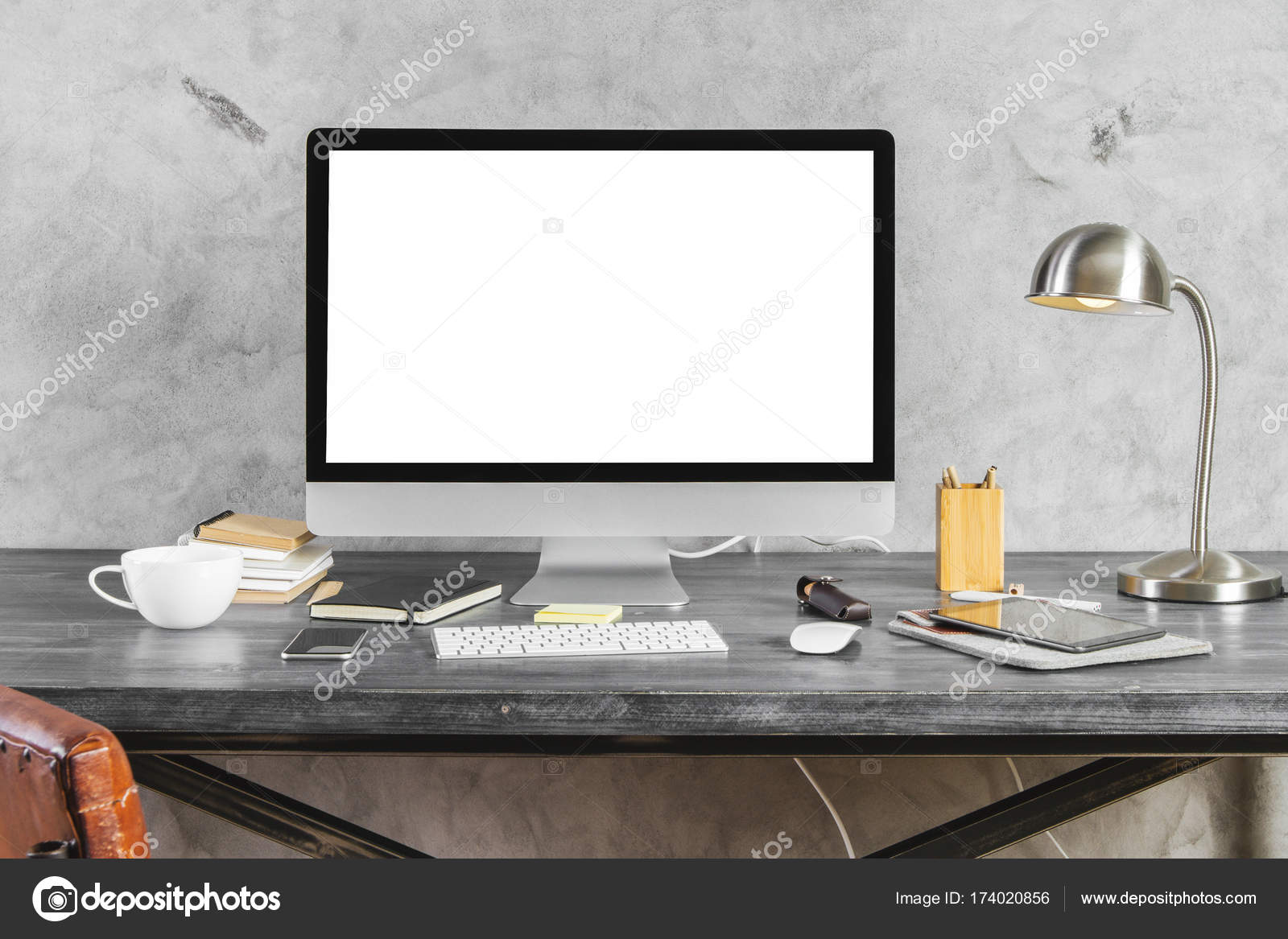 Workplace with empty white computer display front Stock Photo by ...