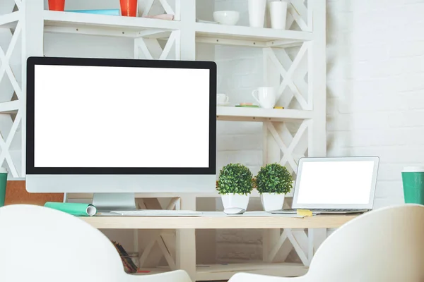 Desktop with white computer screen - Stock Image - Everypixel