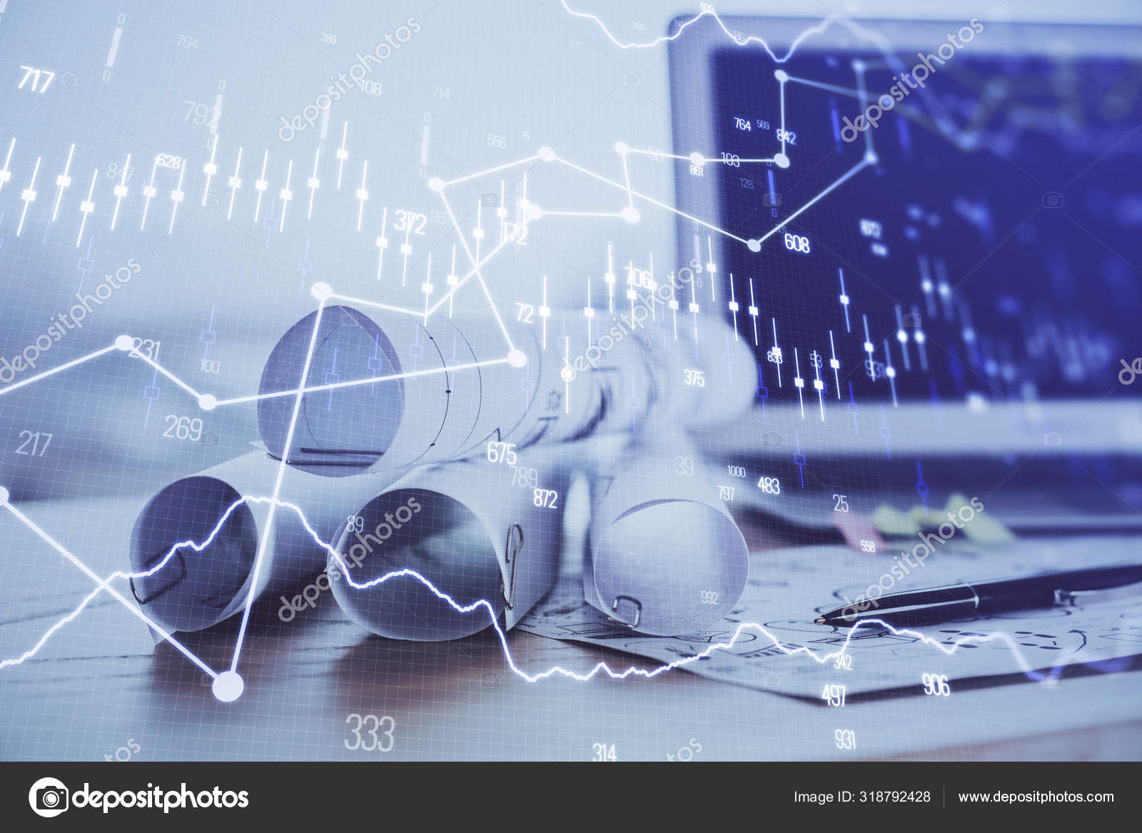 Stock market graph and table with computer background. Multi exposure ...