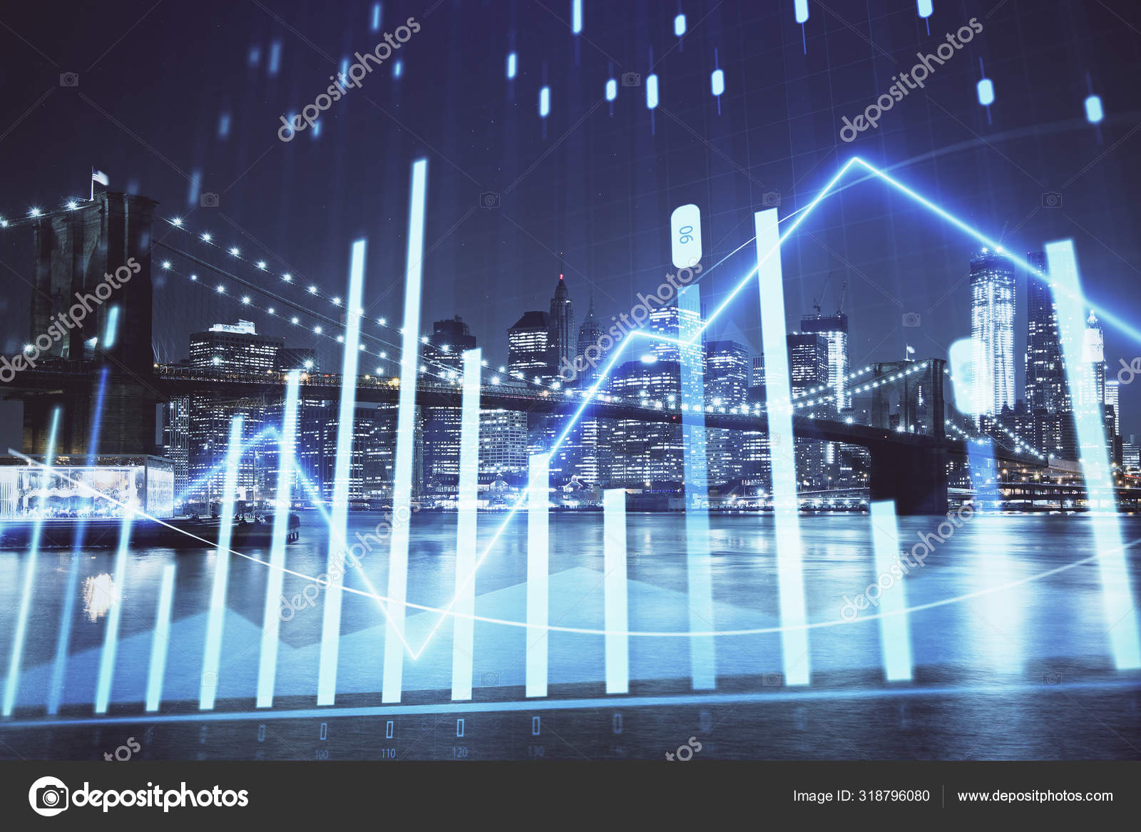 Financial chart on city scape with tall buildings background multi ...