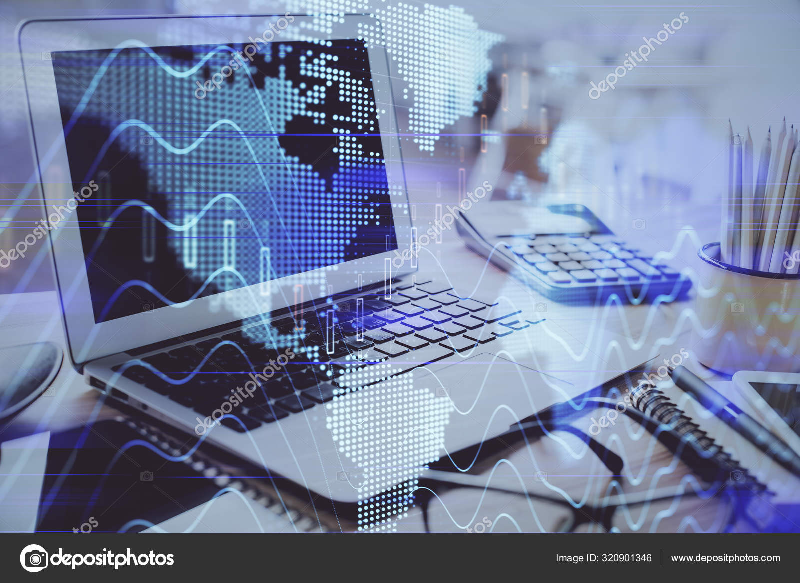 Stock market graph and table with computer background. Double exposure ...