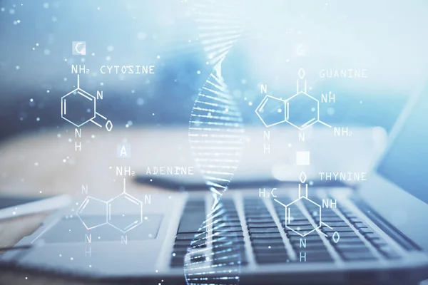 Desktop Computer Background Dna Drawing Double Exposure Science Concept ...