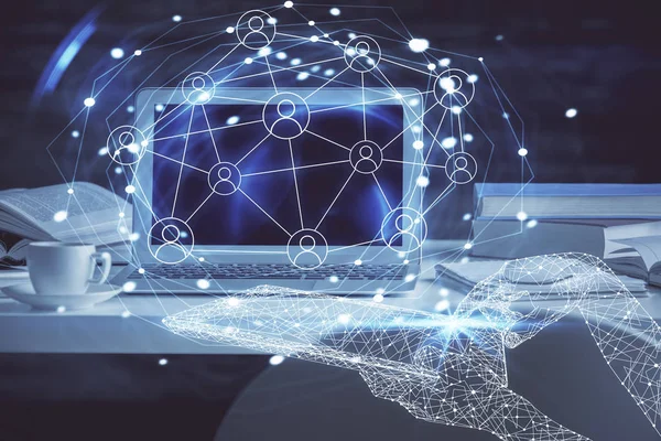 Computer on desktop with social network theme icon. Multi exposure ...