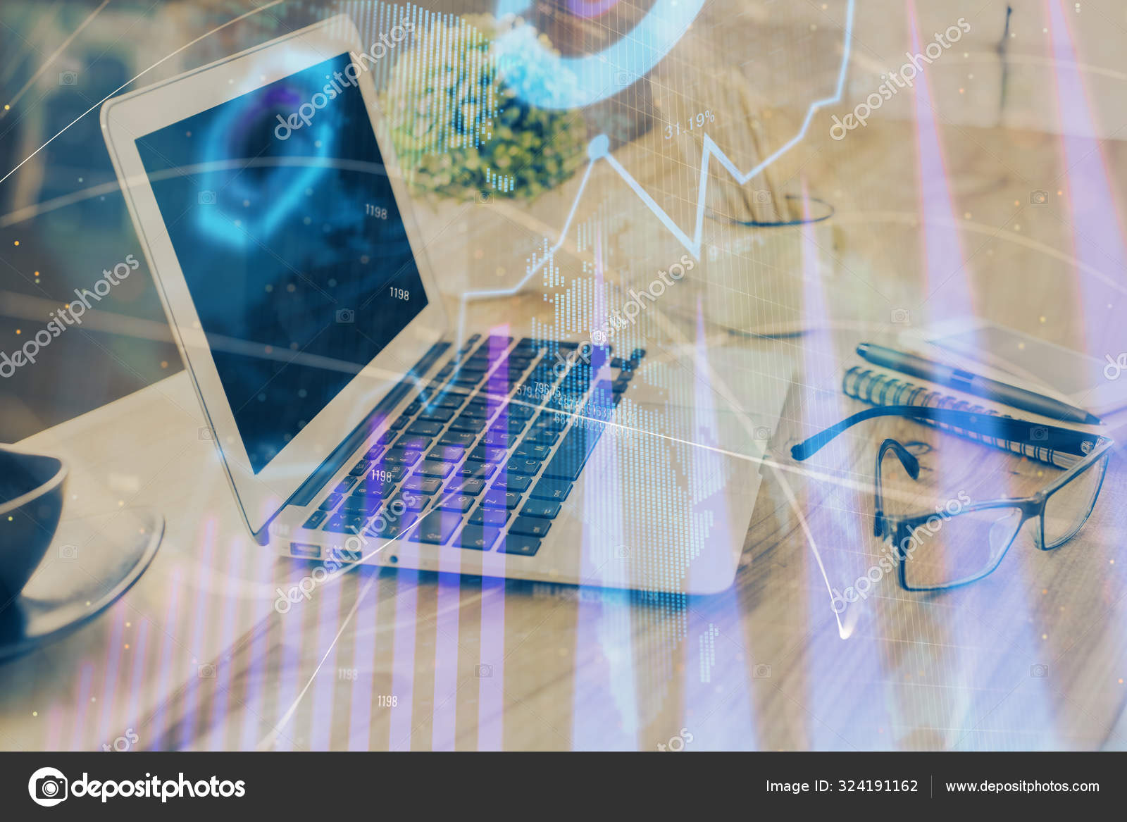 Forex market chart hologram and personal computer background. Multi ...