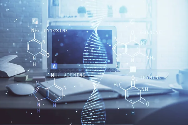 Desktop computer background and DNA drawing. Double exposure. Science ...