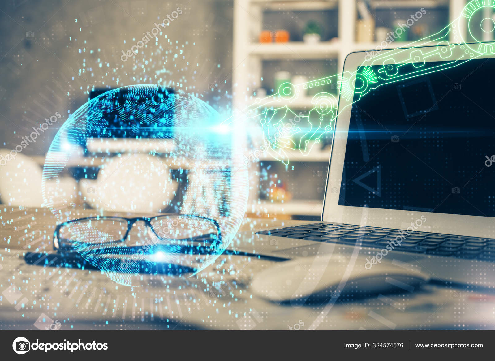 Technology theme drawing and table with computer. Multi exposure ...