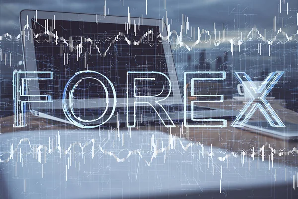 Double exposure of forex graph and work space with computer. Concept of ...