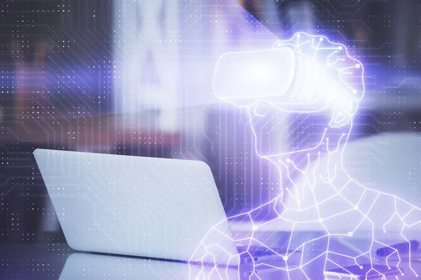 Computer on desktop with AR theme icon. Multi exposure. Concept of ...