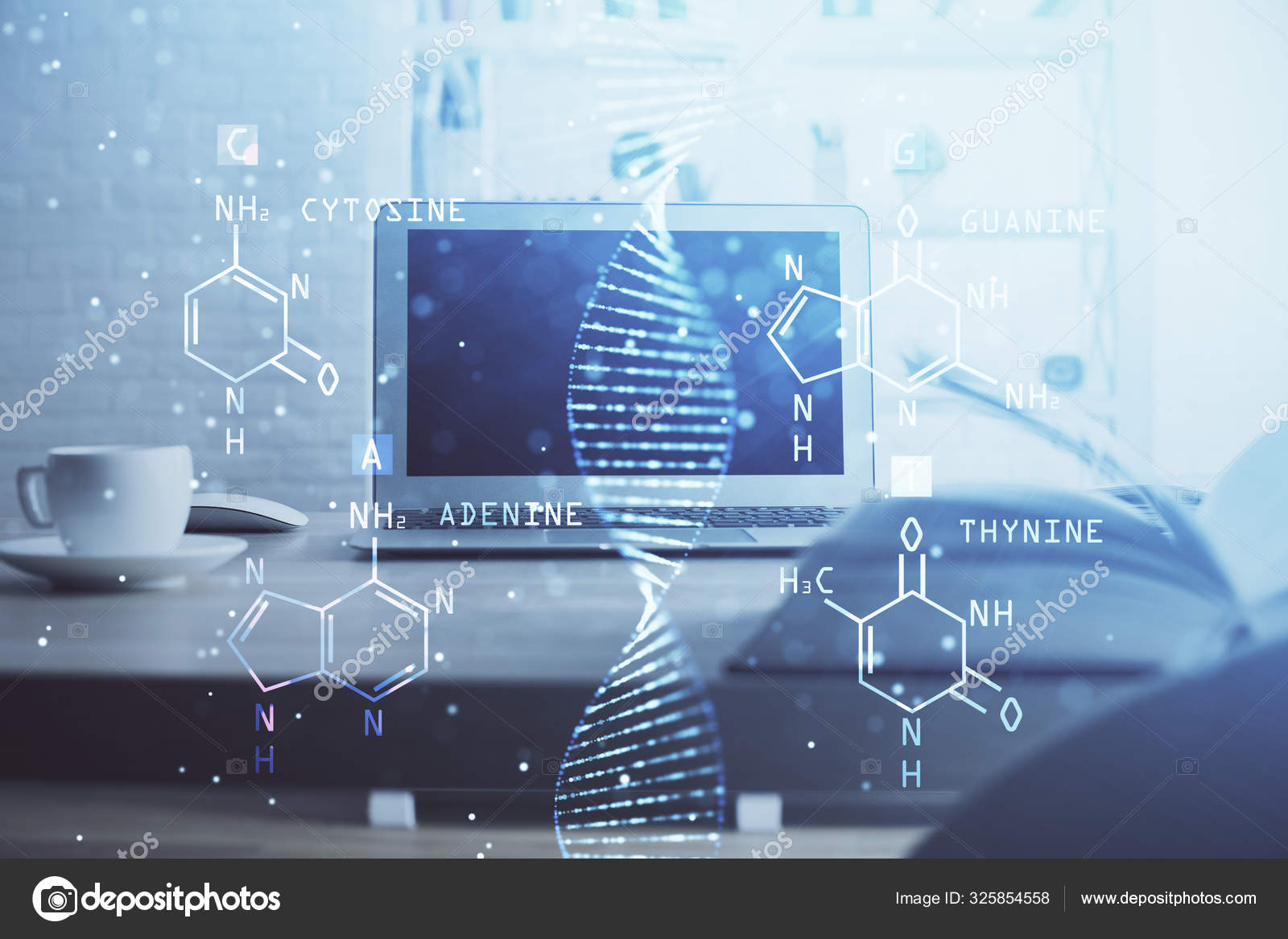 Desktop computer background and DNA drawing. Double exposure. Science ...